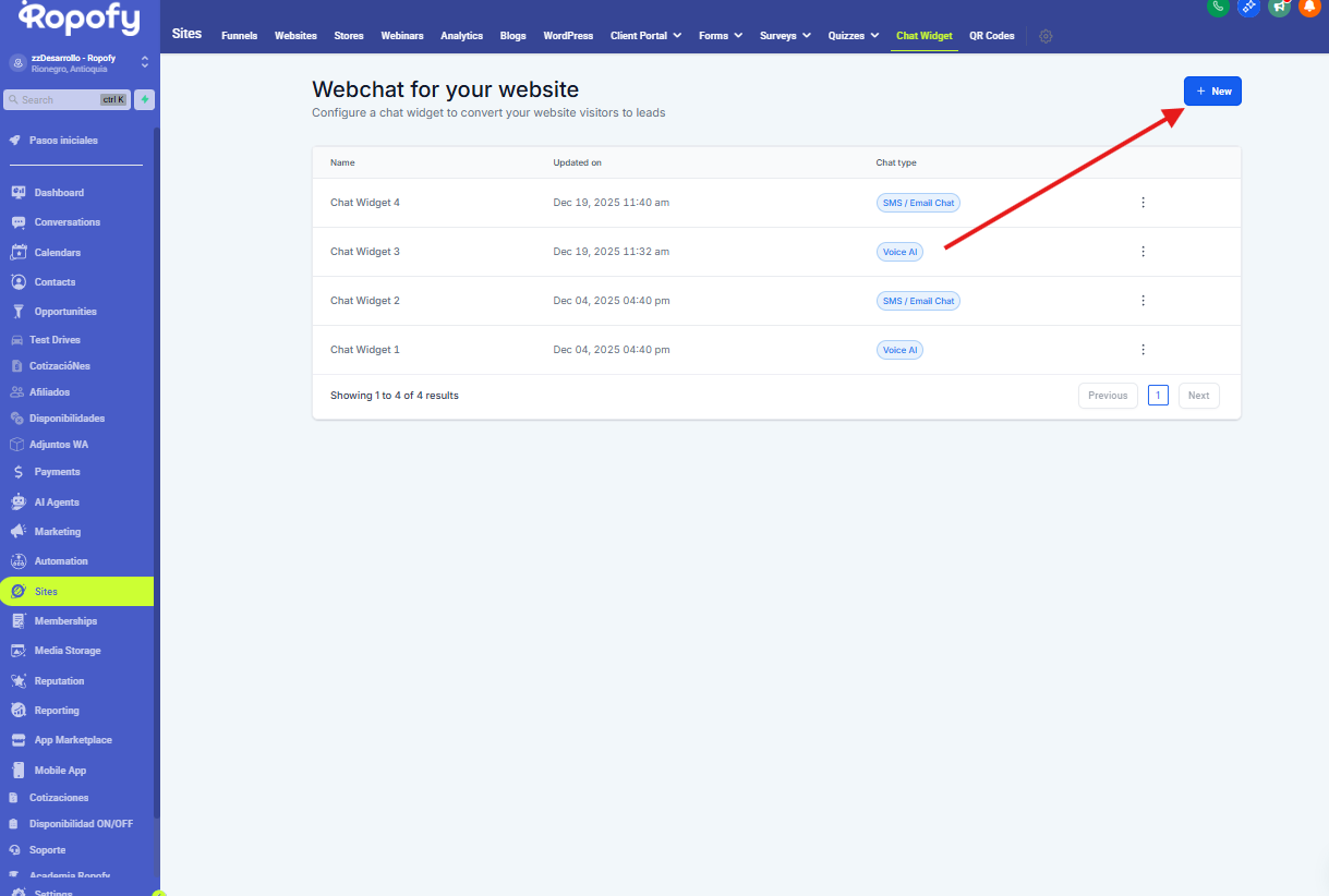 Creación y Configuración de Chat Widget en Ropofy – Soporte Ropofy
